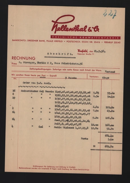KREFELD, RECHNUNG 1938, Hellenthal & Co. Rheinische Krawatten-Fabrik EUR 14,99 - PicClick DE