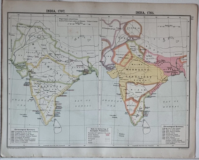 1905 MAP INDIA 1707 & 1765 Mahratta Mysore Nizam Oudh British Territory ...