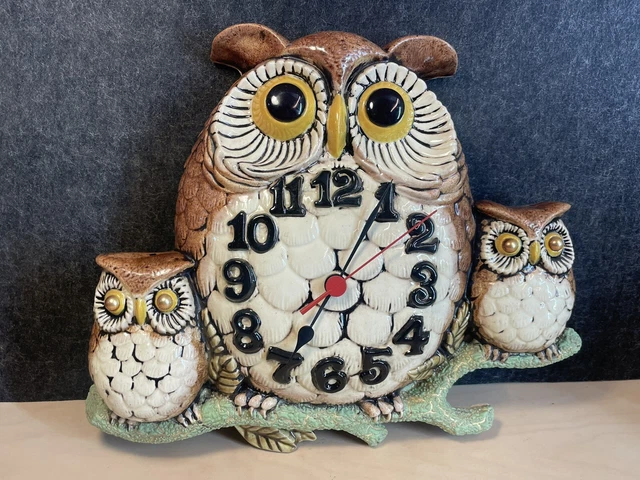 VINTAGE 1970S OWL Family Wall Clock Pottery Ceramic 3 Owls MCM Kitsch W ...