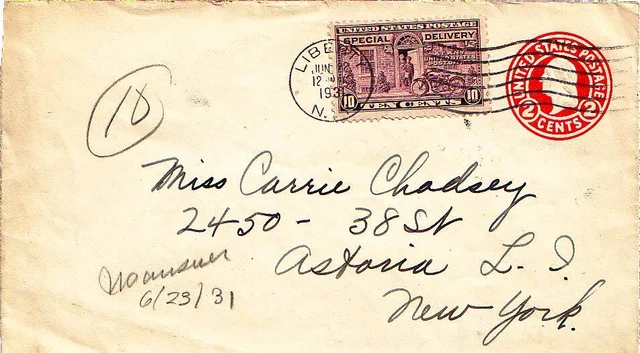 NEW YORK LIBERTY 1930 machine 10c Motorcycle Messenger Special Delivery ...