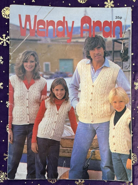 VINTAGE KNITTING PATTERN Booklet Wendy 232 Family Aran Sweater Hat ...