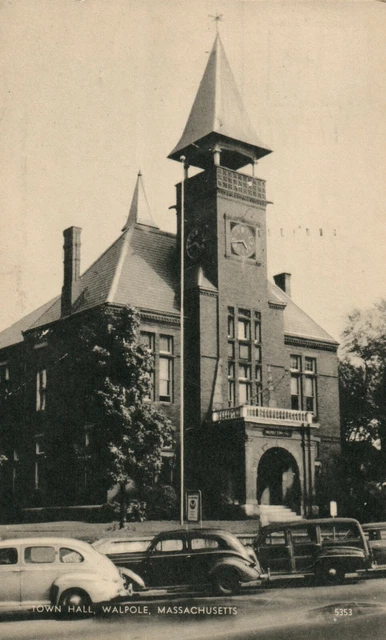 HISTORIC TOWN HALL Building Clock Tower Pyramid Roof Parked 50s Cars ...