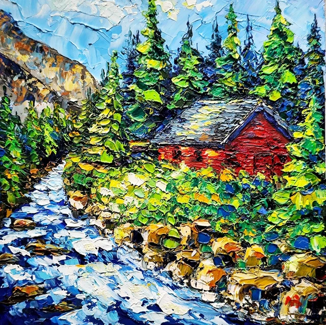 RIVERSIDE IDAHO LANDSCAPE Oil Painting Forest Impasto Original Art 8x8 ...