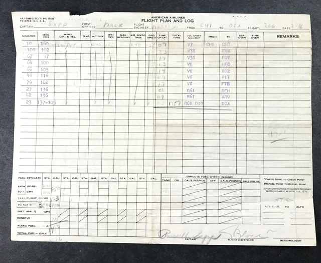 VINTAGE AMERICAN AIRLINES Flight Plan Log Sheet CHI to DCA 1954 e1-56 £ ...