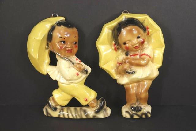 VINTAGE CHALKWARE BOY and Girl with umbrellas wall hanging kitchen ...