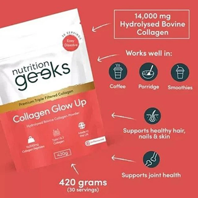 NUTRITION GEEKS COLLAGEN Glow Up 420g of Pure Bovine Collagen Peptides ...