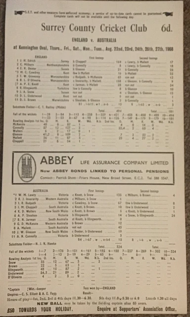 CRICKET SCORECARD ENGLAND V Australia 22nd - 27th August 1968 £4.00 ...