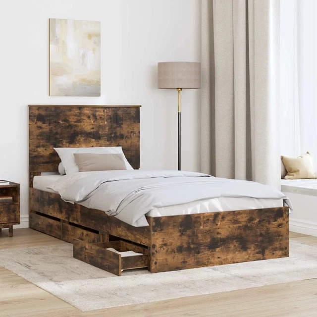 BED FRAME WITH Drawer Smoked Oak 100 x 200 cm Engineer Wood vidaXL £267 ...