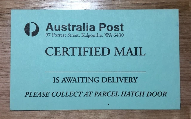 AUSTRALIA POST OFFICE Kalgoorlie Certified Mail Collection Card $4.99 ...