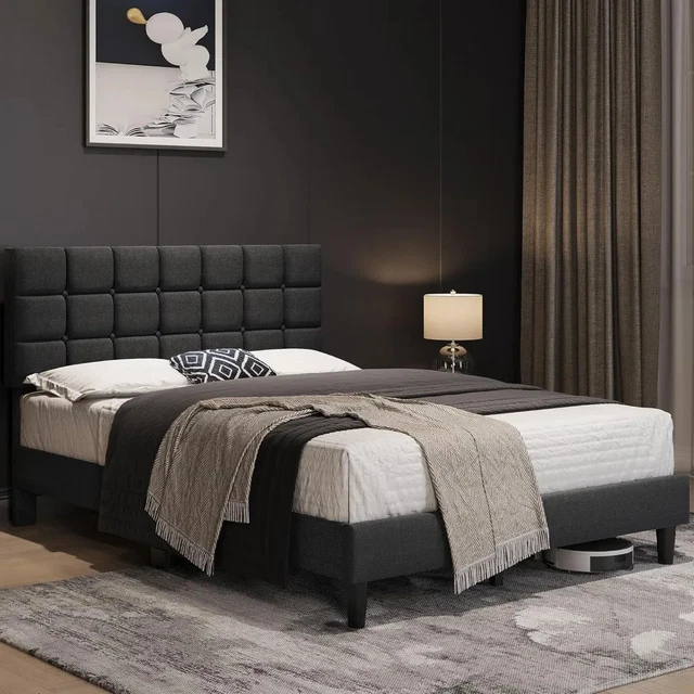 PLUSH DIVAN BED SET WOODEN SLATS -ADJUSTABLE HEADBOARD Modern DARK GREY ...
