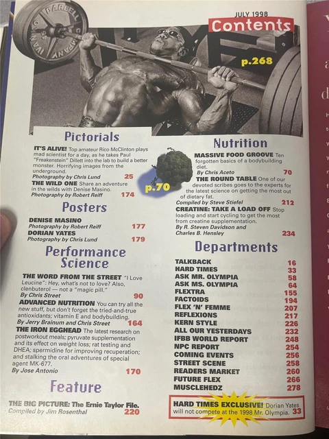 FLEX BODYBUILDING MUSCLE magazine DORIAN YATES/Denise Masino 7-98 £19. ...