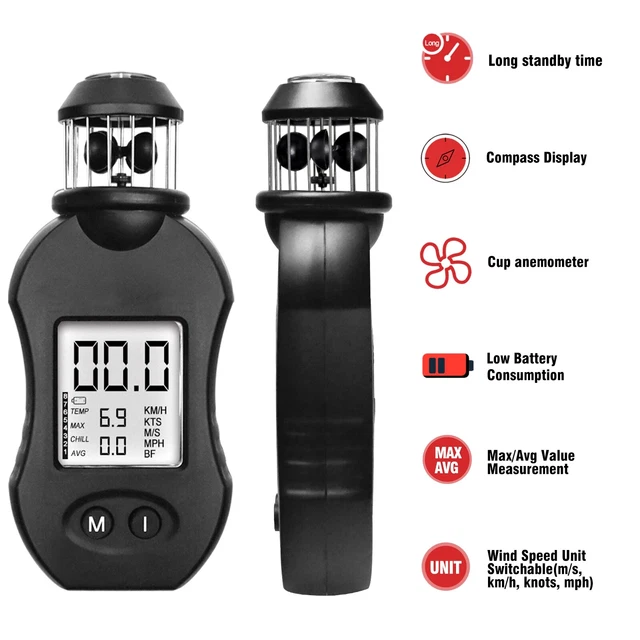 WIND CUP ANEMOMETER Handheld Digital Wind Speed Meter Air Velocity ...