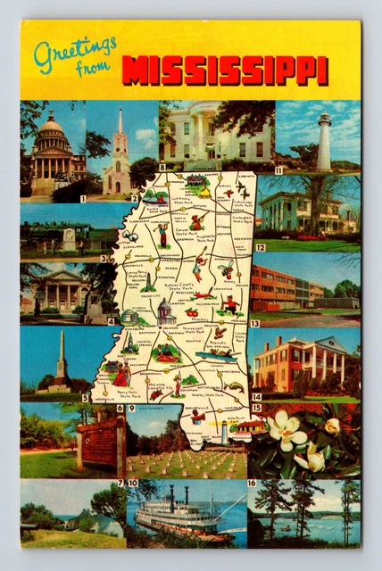 PICTORIAL TOURIST MAP Multi-View Greetings From State Mississippi MS ...