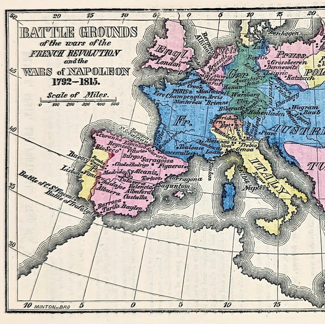 1855 EUROPE NAPOLEONIC Wars Map French Revolution 1792-1815 France ...