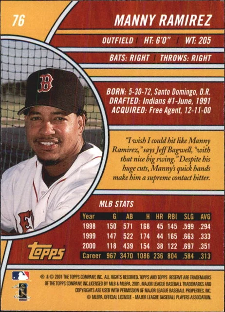 CARTE DE BASEBALL de réserve 2001 Topps #76 Manny Ramirez Sox EUR 1,66 ...