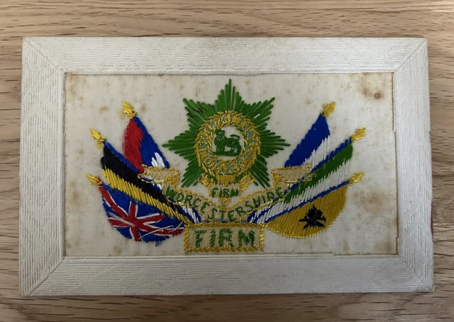 WW1 SILK POSTCARD. Worcestershire Regiment Crest & Motto “Firm”. Allied ...