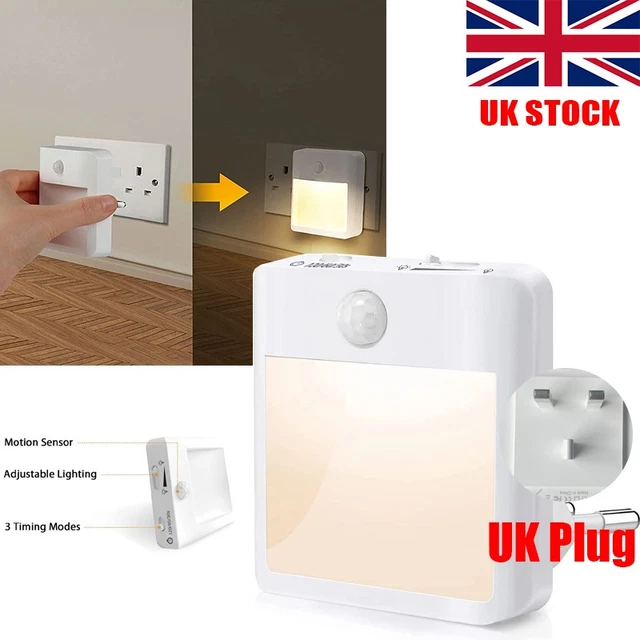 PLUG IN PIR Motion Sensor Hallway Socket LED Home White/Yellow Night ...