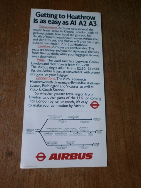 LONDON TRANSPORT TIMETABLE Leaflet-Airbus Routes A1, A2 & A3, 1983 £1. ...