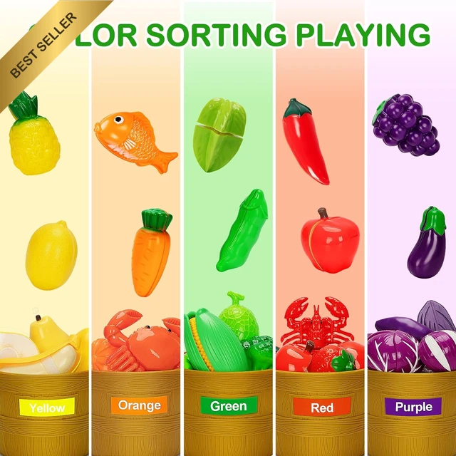 68 PIECE COLOR Sorting Play Food Set with Cutting Fruits and Vegetables ...