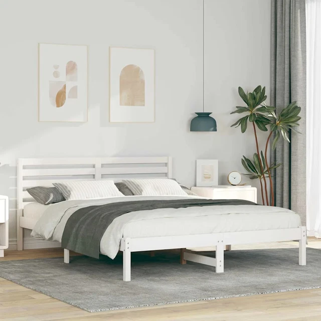 BED FRAME WITH Headboard White 150 x 200 cm Solid pine wood vidaXL £182 ...