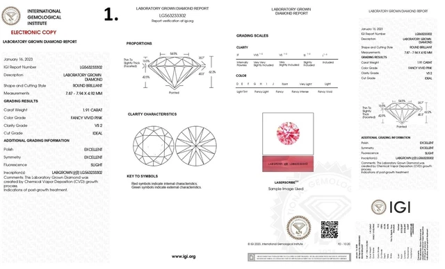 DIAMANT 1.91 CARAT Certifié Igi Déguisement Vif Rose Rond Labo Grown Idéal Coupe EUR 5.865,85 ...