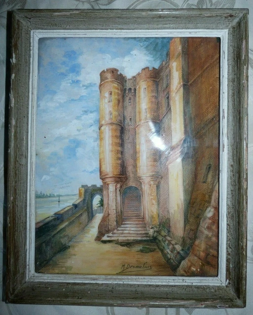 ANCIEN TABLEAU AQUARELLE Crayon Paysage Chateau signé Peintre M. DESMOLINS EUR 24,00 - PicClick FR