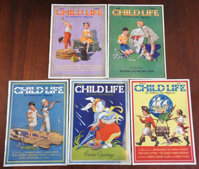 CHILD LIFE CHILDREN'S Magazine 5 issue lot March-July 1937 fun colorful ...