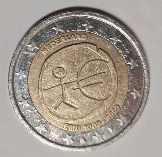 2 EURO COIN Nederland stick man EMU 1999-2009. Possibly misprinted ...