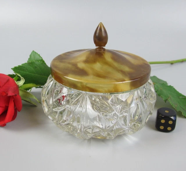 GLASS BOX JAR Pot w/Faux Turtle Shell Lid. Powder 1920's vintage. Round ...