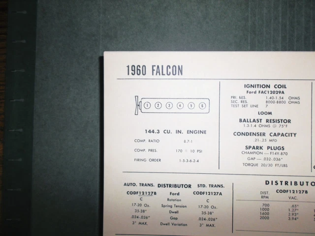 1960 FORD FALCON SIX Series Models 144.3 Cubic Inch L6 Tune Up Chart ...