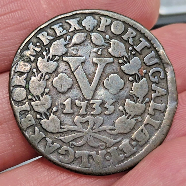 ANTIQUE 1733 PORTUGAL 5 Reis Milled Copper Coin Joao V Early Numismatic ...