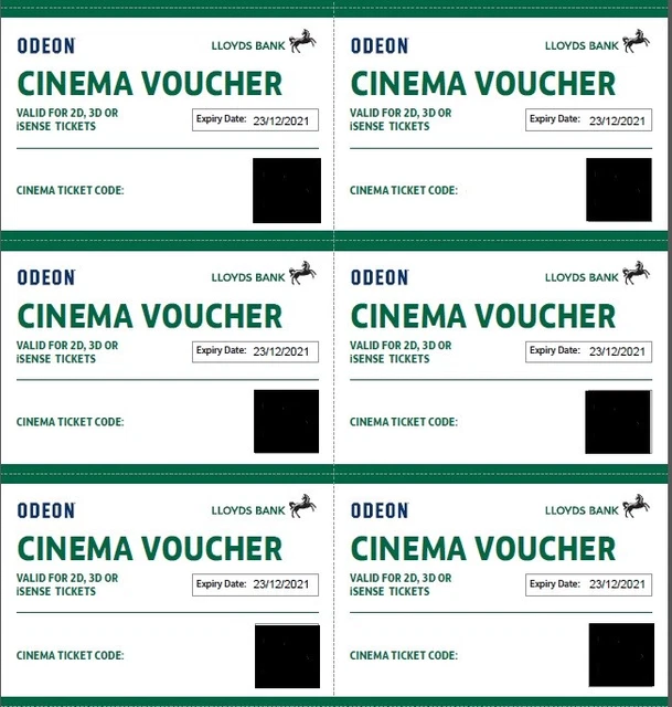 6 X ODEON Cinema Tickets/Voucher with long expiry 23rd December 2021 £ ...