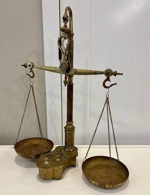 VINTAGE SOLID BRASS Balance Scale Complete Set 21,5” Tall and Original ...