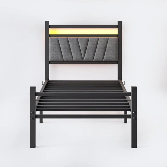 SINGLE BED FRAME Grey Upholstered Metal Platform with Headboard ...