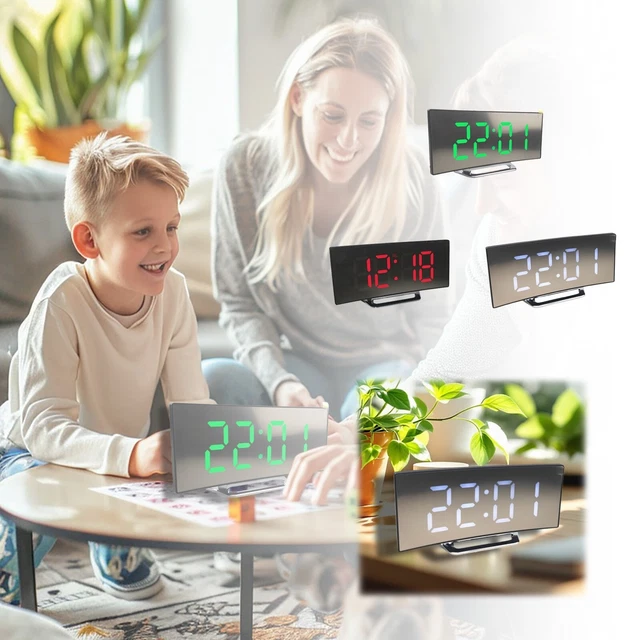 LARGE LED DIGITAL Alarm Clock With Curved Screen For Bedroom Desk ...