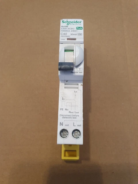 SCHNEIDER 40AMP RCBO PoN Type C 30mA 10kA A9D05840 C40 Acti 9 £25.00 - PicClick UK