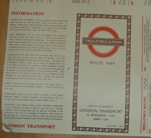 LONDON TRANSPORT TROLLEYBUS & Tram Route Map, Jan 1950 (1149/2455D ...
