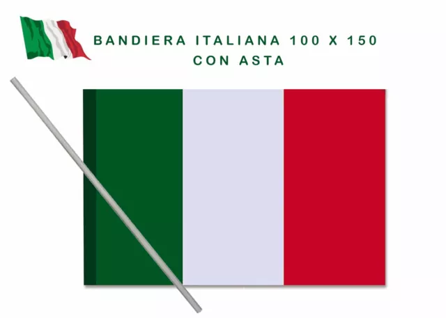 BANDIERA ITALIANA CON ASTA Bandiera Italia tricolore 100 X150 con asola ...