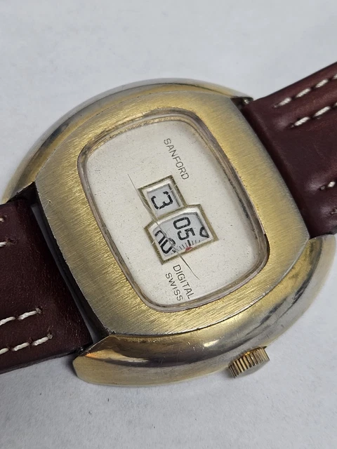 1970S MENS SANFORD Gold Tone TV Face Direct Read Jump Hour Working ...