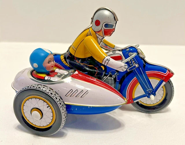 VINTAGE SCHYLLING TIN Toy Motorcycle with Sidecar Wind-Up Collectors £ ...