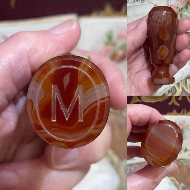 UNUSUAL ANTIQUE VICTORIAN/EDWARDIAN carved agate initial “M “ intaglio ...