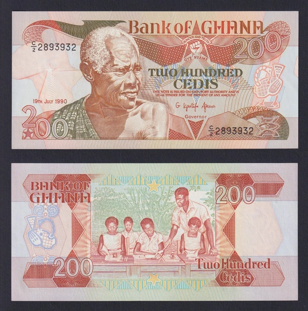 BANKNOTE GHANA 200 Cedis 1990 P.-27b FDS/UNC B-09 £14.66 - PicClick UK