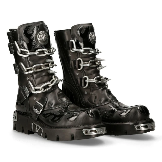 NEW ROCK UNISEX Black Leather Boots Skull Chain Flame Reactor Boots # £ ...