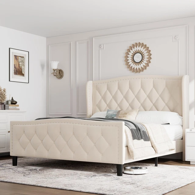 BED FRAME DOUBLE/KING Velvet Upholstered Platform W/Wing Side Headboard ...