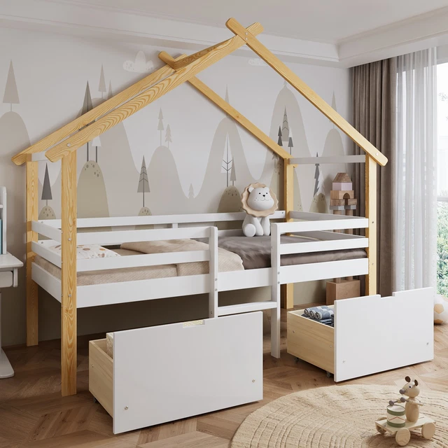 WOODEN HOUSE BED with Storage Drawers for Kids 3 FT Single Tree House ...