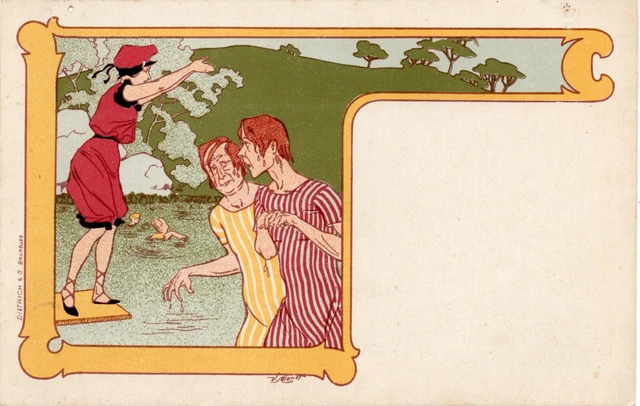 CARTE ART NOUVEAU signée Victor Mignot : série des Sports - Natation ...