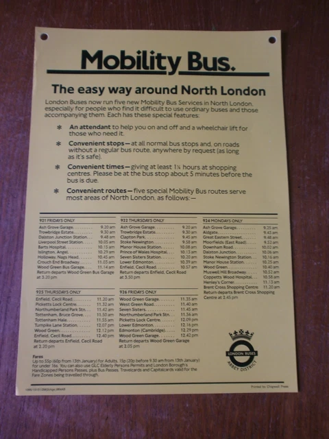 LONDON TRANSPORT TIMETABLE Panel Poster-Mobility Buses North London ...