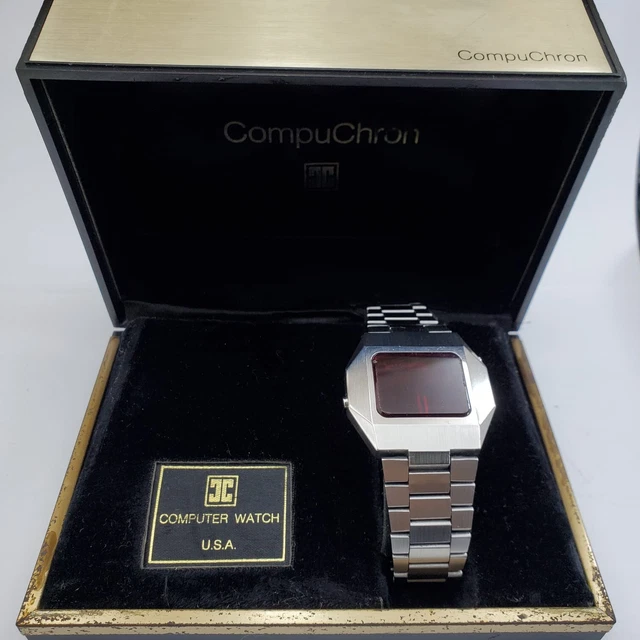 VINTAGE COMPUCHRON CHRONOSONIC100 Watch Led Digital Quartz S.steel Mens ...
