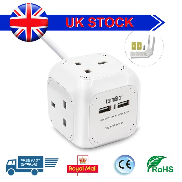 4 WAY ELECTRIC Extension Lead Power Cube Socket with 2 USB Ports 1.5M ...