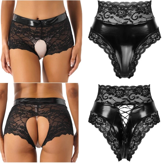 DAMEN SEXY OUVERTSLIP Spitze Lack Leder Unterwäsche Panties mit offener Schritt EUR 12,55 ...
